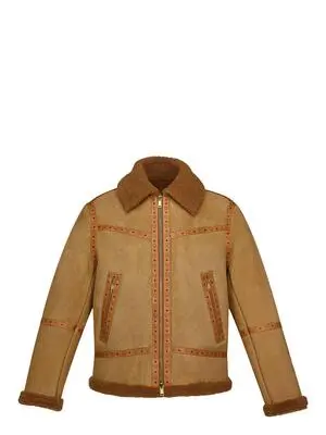Mcm Suede Jacket With Monogram Print Leather Trim - Cognac