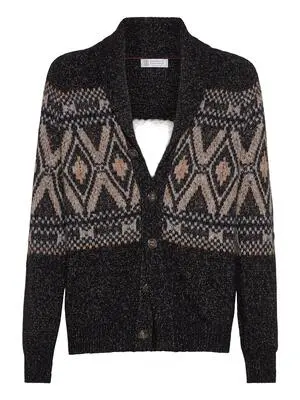Brunello Cucinelli Mouliné Virgin Wool-silk-cashmere Jacquard Cardigan - Black