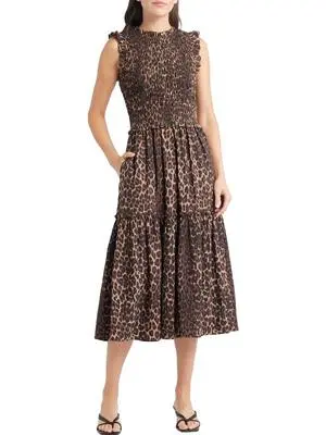 Rails Vivier Leopard Print Smocked Midi Dress - Brown Nala
