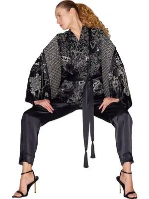 Natori Couture Nara Embroidered Silk Wrap - Gray / Black / White