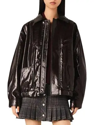 Maje Cracked Faux Leather Jacket - Dark Brown