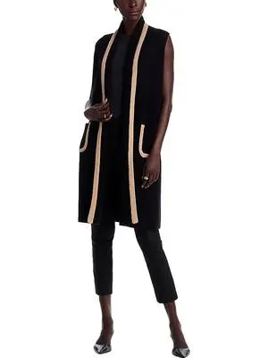 T Tahari Contrast Trim Long Cardigan Black/stone Camel Heather