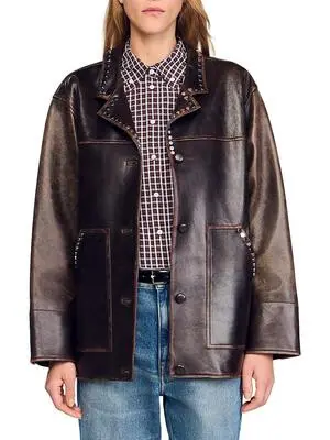 Sandro Oversized Leather Jacket With Studs - Brown