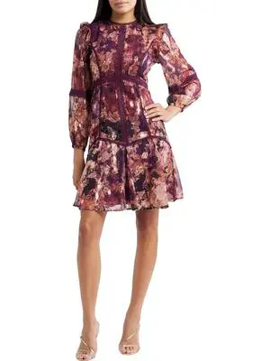 Eliza J Lace Trim Trapeze Dress - Wine Multi
