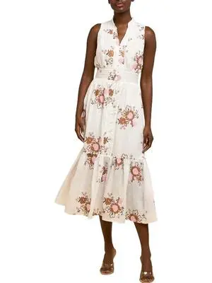 CIEBON Floral Embroidery Cotton Midi Dress - White