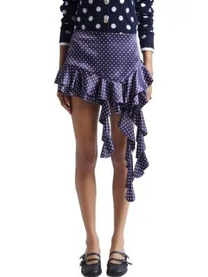 Sandy Liang Lucy Polka Dot Asymmetric Satin Skirt - Navy Multi