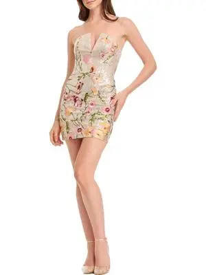 Dress The Population Alaia Embroidered Strapless Mini Cocktail Dress - Champagne Multi