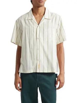 BODE Celery Stripe Short Sleeve Cotton Button-up Shirt - Green Cream