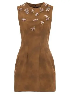 DES_PHEMMES Embroidered Faux Suede Mini Dress - Tan