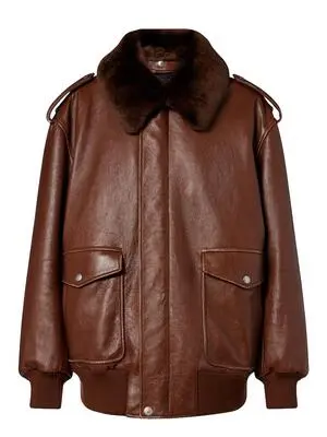 Prada Shearling-trimmed Leather Bomber Jacket - Brown
