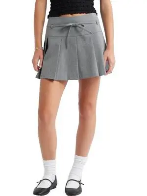 Bp. Plaid Pleated Mini Skirt With Belt - Grey Houndstooth
