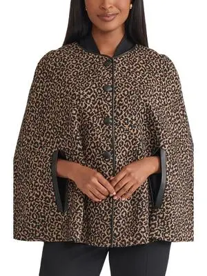 KASPER Leopard Print Cape - Dark Camel/black