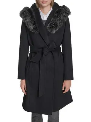 Cole Haan Wool Blend Coat With Faux Fur Trimmed Hood - Black