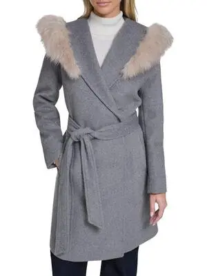Cole Haan Wool Blend Coat With Faux Fur Trimmed Hood - Medium Grey
