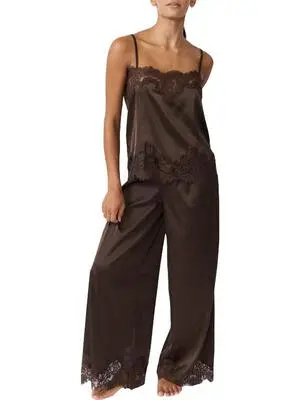 KAT THE LABEL Lace Trim Satin Wide Leg Pants - Espresso