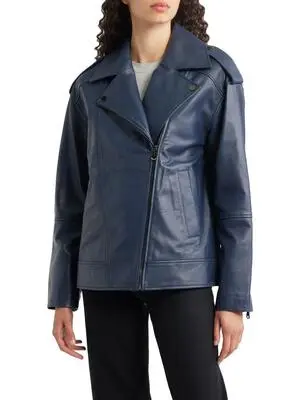 Bernardo Relaxed Moto Leather Jacket - Navy