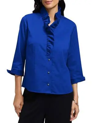 Foxcroft Edith Ruffle Button-Up Shirt Blue Topaz