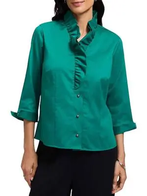 Foxcroft Edith Ruffle Button-Up Shirt Emerald