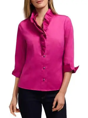 Foxcroft Edith Ruffle Button-Up Shirt Pink Tourmaline