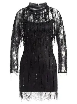 Alberta Ferretti Lace Beaded-fringes Midi Dress - Black