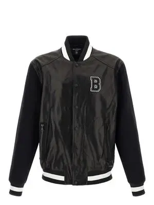 Balmain Varsity Leather Bomber Jacket - White/black