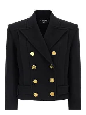 Balmain Double-breasted Short Wool Blend Coat - Black