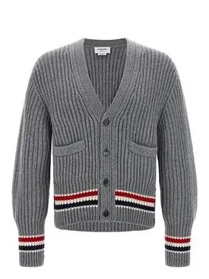 Thom Browne Ribbed Cashmere Cardigan With Rwb Tape - Gray