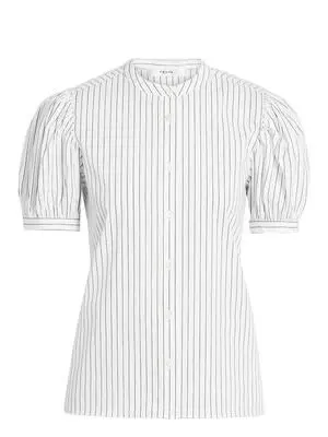 FRAME The Gathered Striped Cotton-blend Poplin Top - White