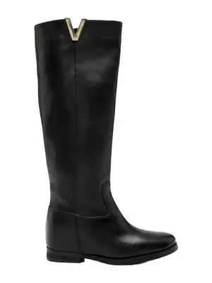 JULIE DEE V-detail Leather Boots - Black