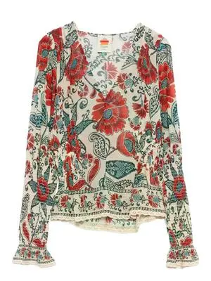 Farm Rio Floral-print Ruffled Blouse - Neutrals