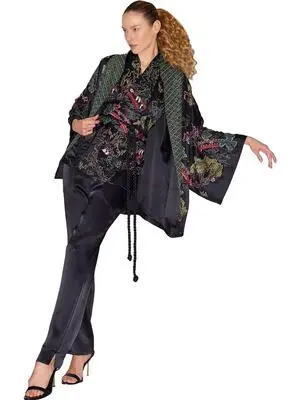 Natori Couture Nara Embroidered Silk Kimono - Black / Floral / Multicolor