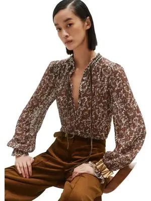 ME+EM Silk Blend Graphic Lace Print Tie Blouse - Brown Multi