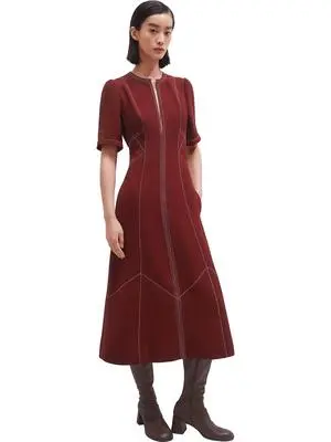 ME+EM Contrast Stitch Midi Dress With Belt - Intense Red