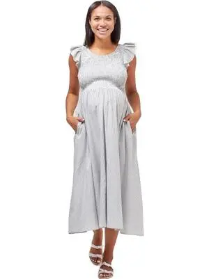 NOM MATERNITY Harper Smocked Maternity Dress - Microstripe
