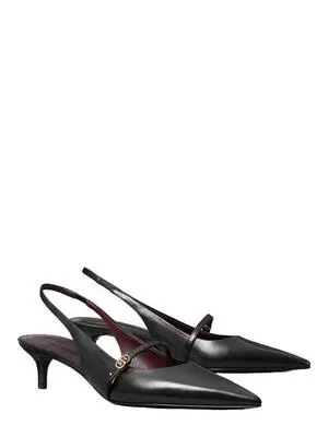 Tory Burch Double T Buckle Slingback Mary Jane Kitten Heel Pumps - Perfect Black /perfect Black