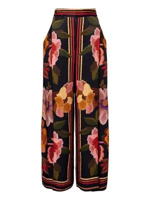 Farm Rio Floral High-rise Wide-leg Pants - Black