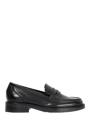 DUNE Giya Flat Leather Penny Loafers - Black Plain Leather