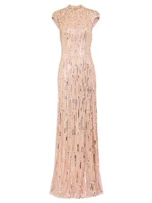 Jenny Packham Ernest Crystal Sequined Cap-sleeve Gown - Powder