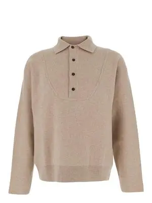 Jacquemus Wool Sweater With Polo Collar And Ribbed Details Beige