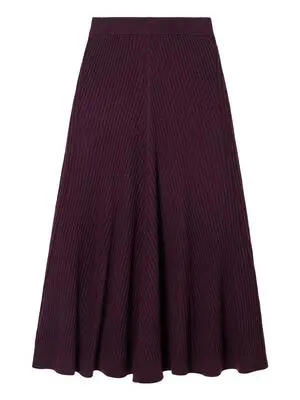 Victoria Beckham Ribbed Merino Wool Midi Skirt - Burgundy