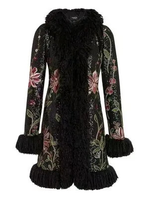 Giambattista Valli Sequin-embellished Floral-embroidered Coat With Fur Trim - Black