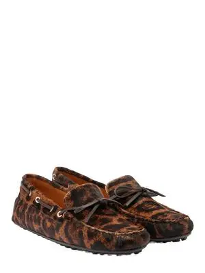 TOD'S Gommino Leopard-print Calf Hair Boat Shoes - Brown