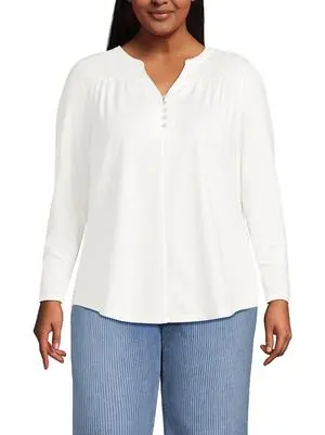 LANDS' END Long Sleeve Lightweight Jersey Notch Neck Tunic Top - Ivory