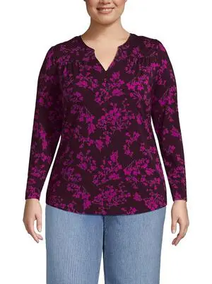 LANDS' END Long Sleeve Lightweight Jersey Notch Neck Tunic Top - Lush Burgundy Wildflowers