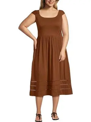 LANDS' END Slub Cap-Sleeve Shirred Skirt Midi Dress