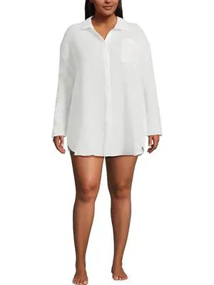 LANDS' END Oversized Gauze Button Front Shirt - White