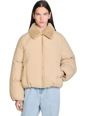 Sandro Puffer Jacket With Faux Shearling Collar - Beige