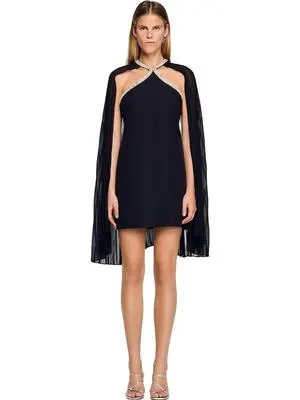 Sandro Short Cape Dress With Rhinestones - Black