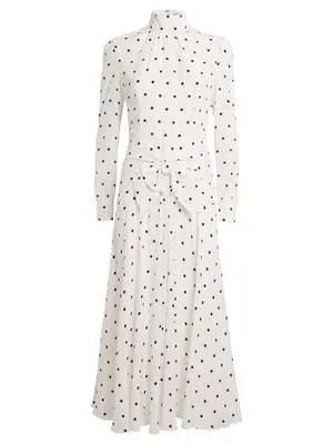 Alessandra Rich Silk Polka Dot Midi Dress With Bow - White