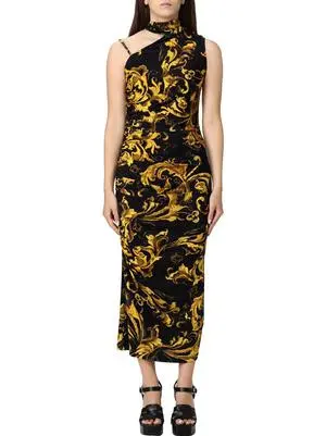 Versace Gold Print Draped Dress - Black